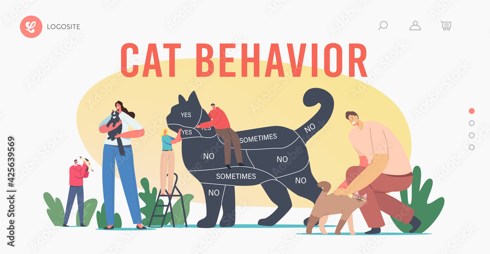 Cat Behavior Landing Page Template. Tiny Characters on Ladder Caring of ...