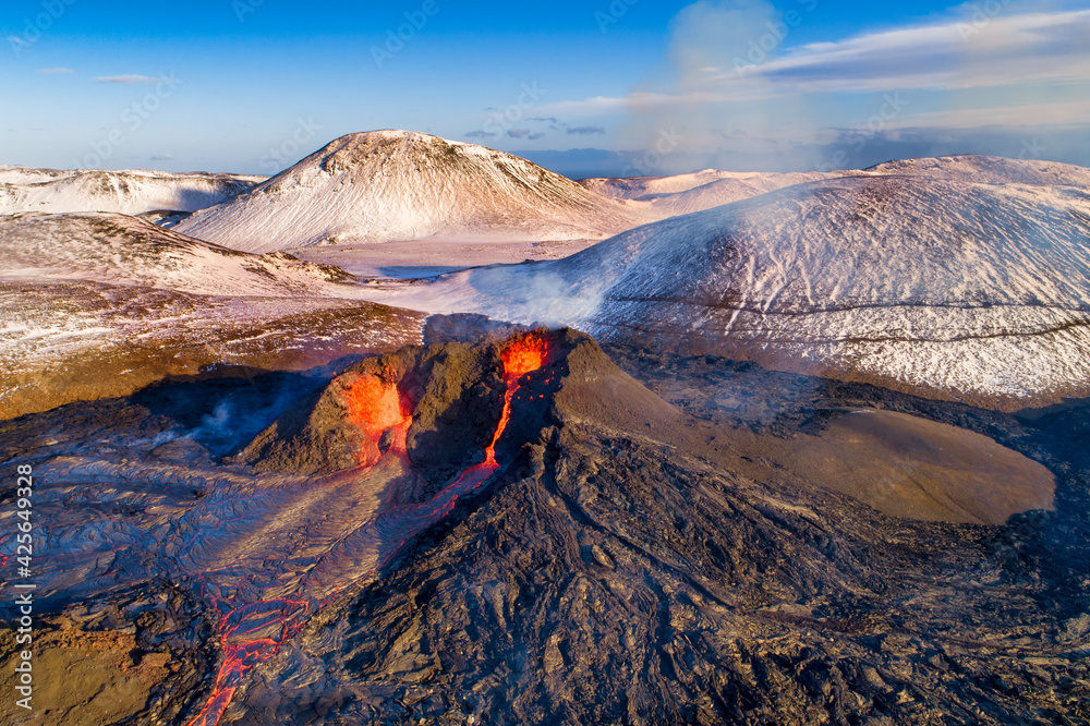 Aerial view of the recent active volcano in the Geldingadalir valley at ...