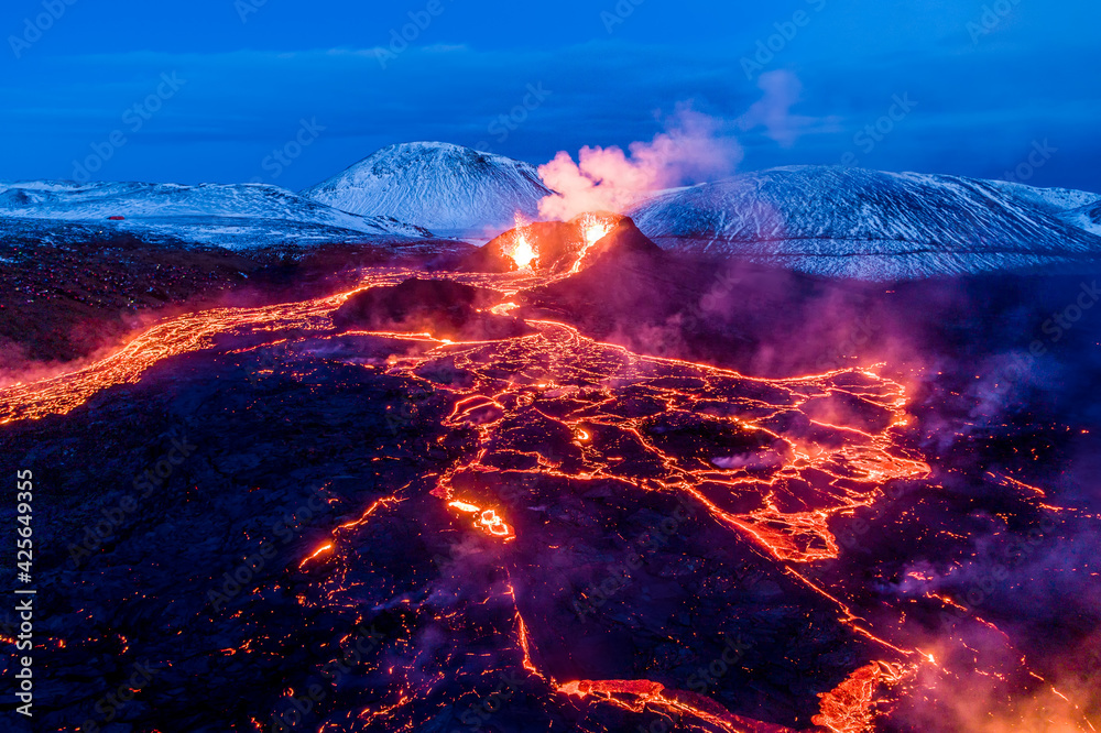 Aerial view of the recent active volcano in the Geldingadalir valley at ...