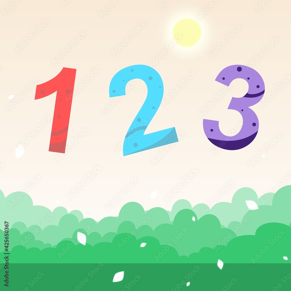 Cartoon kids with 123 numbers in green nature landscape background ...