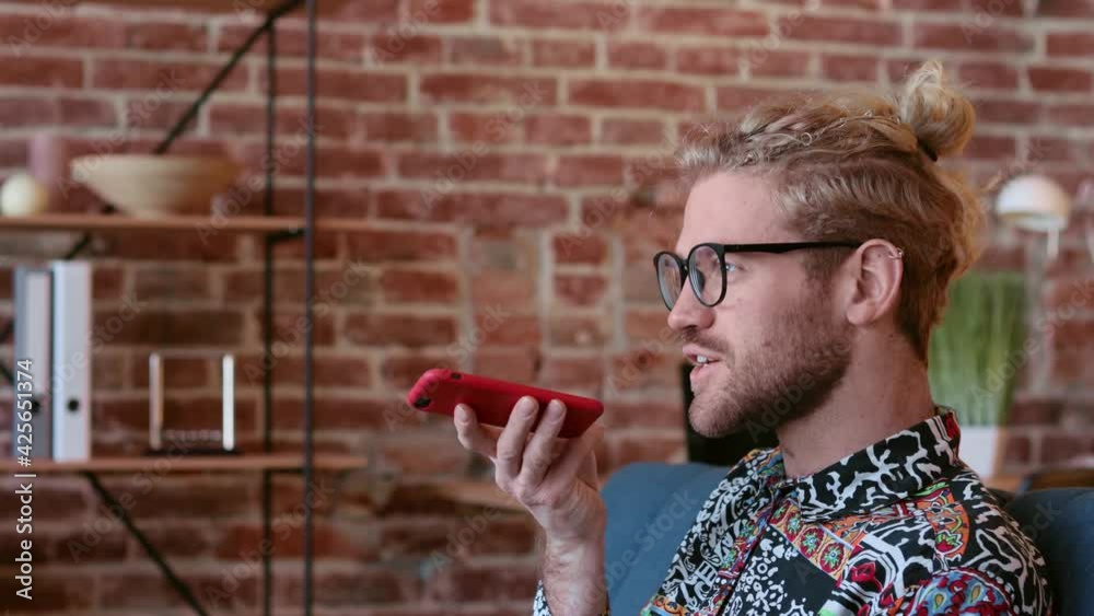 Young man user speak to virtual digital voice recognition assistant ...