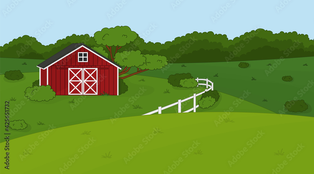 Cartoon doodle vector cute summer or spring farm in countryside. Red ...