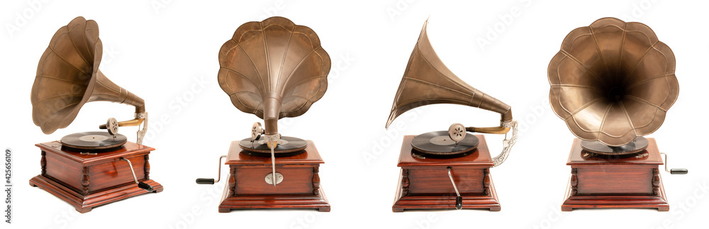 Photos of vintage gramophone isolated on white background. Old record ...