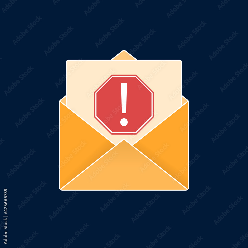 Yellow fraud letter icon with document, alert exclamation warning sign ...