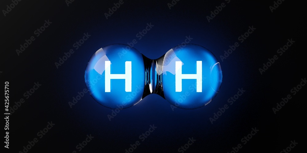 Single abstract transparent glowing hydrogen H2 molecule over dark ...