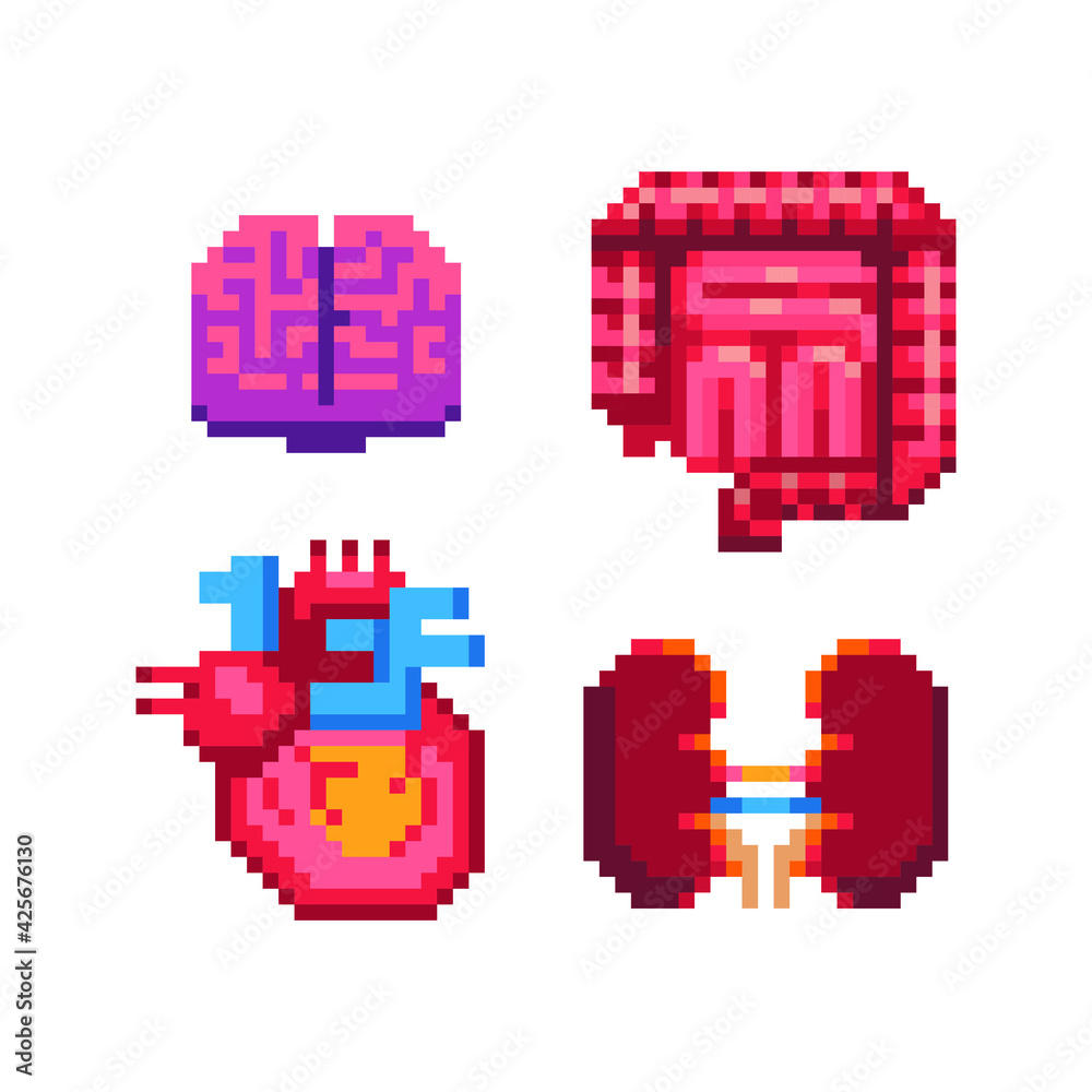 Human organs pixel art icons set. Brain, heart, intestines, kidneys ...