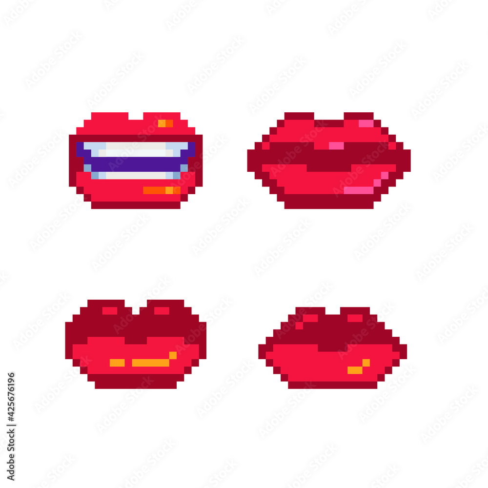 Beautiful red glossy lips Pixel art icons set. Woman mouth. Knitted ...
