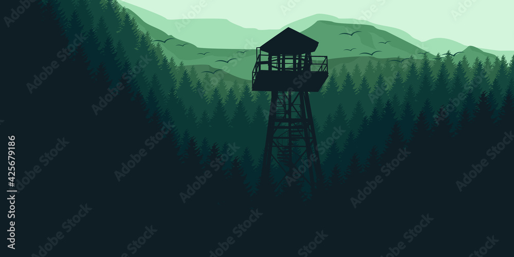 mountain forest with watch tower flat design style illustration for web ...