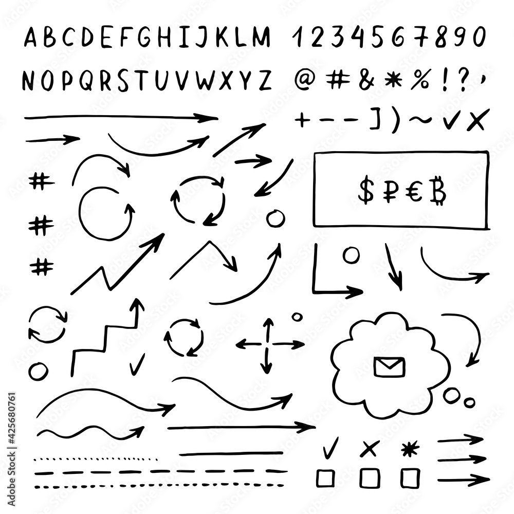 Set of handwritten signs. Vector isolated elements. Black letters ...