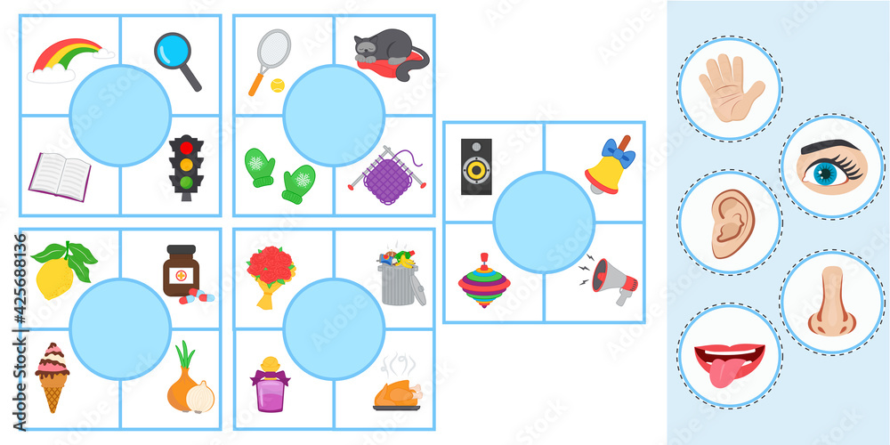 Matching children educational game. Pazl. Match of sense organs and ...