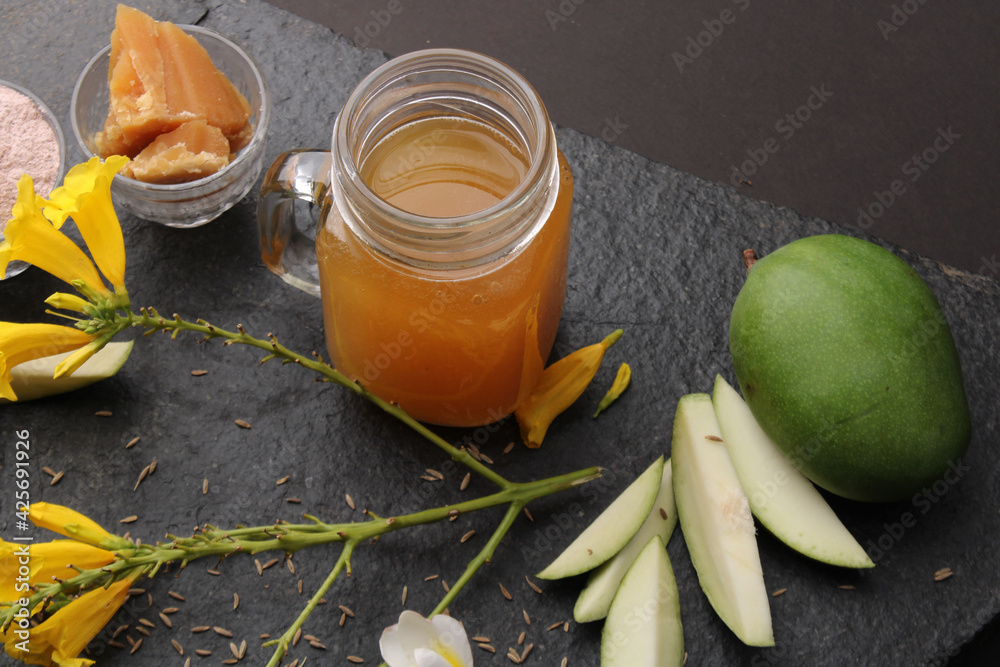 Raw Mango juice - Aam Panna or Panha in a transparent glass with whole ...