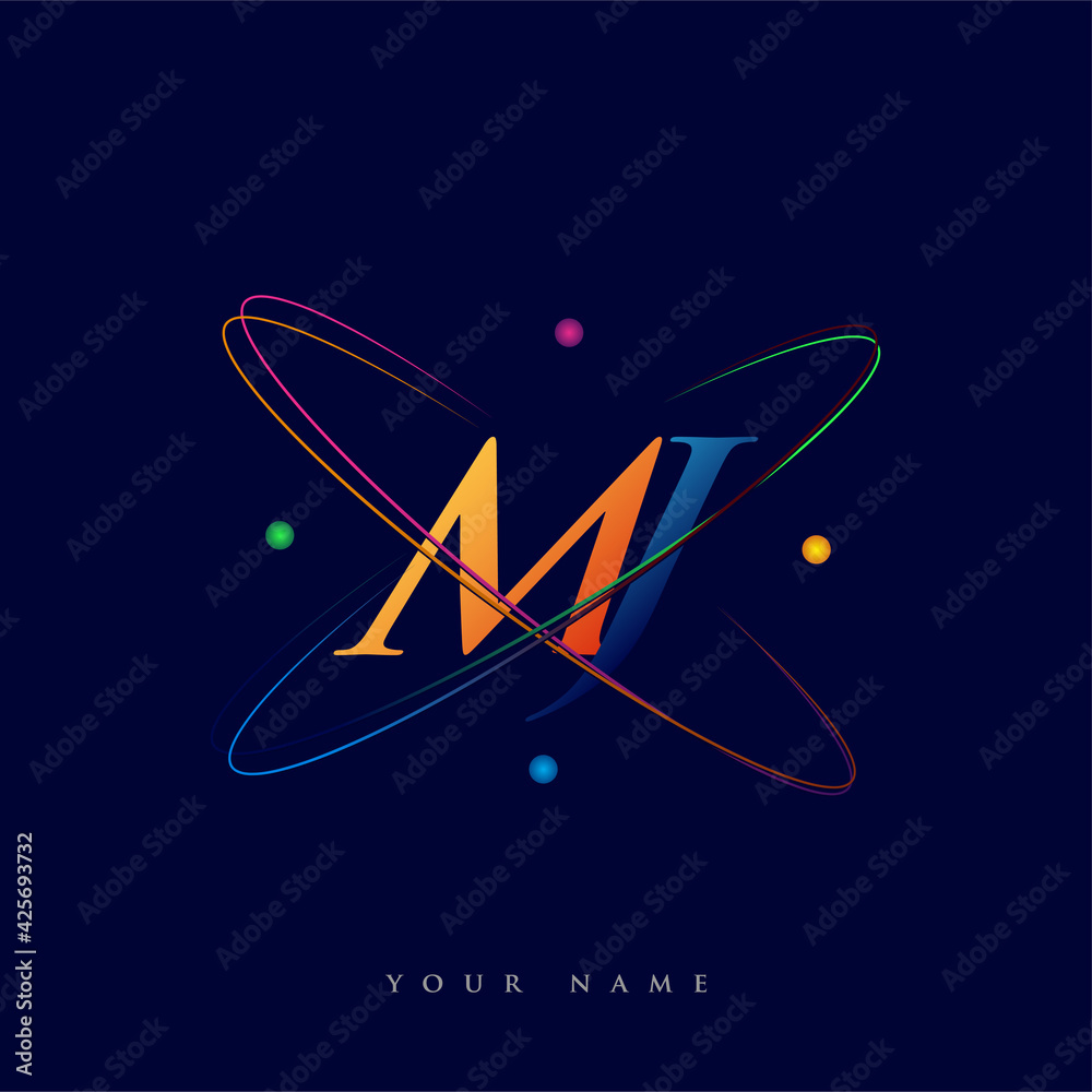 initial letter MJ logotype science icon colored blue, red, green and ...