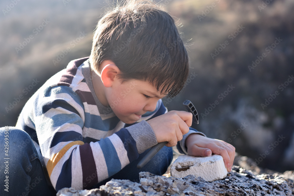 Happy child digging the dinosaur and having fun with archaeology ...