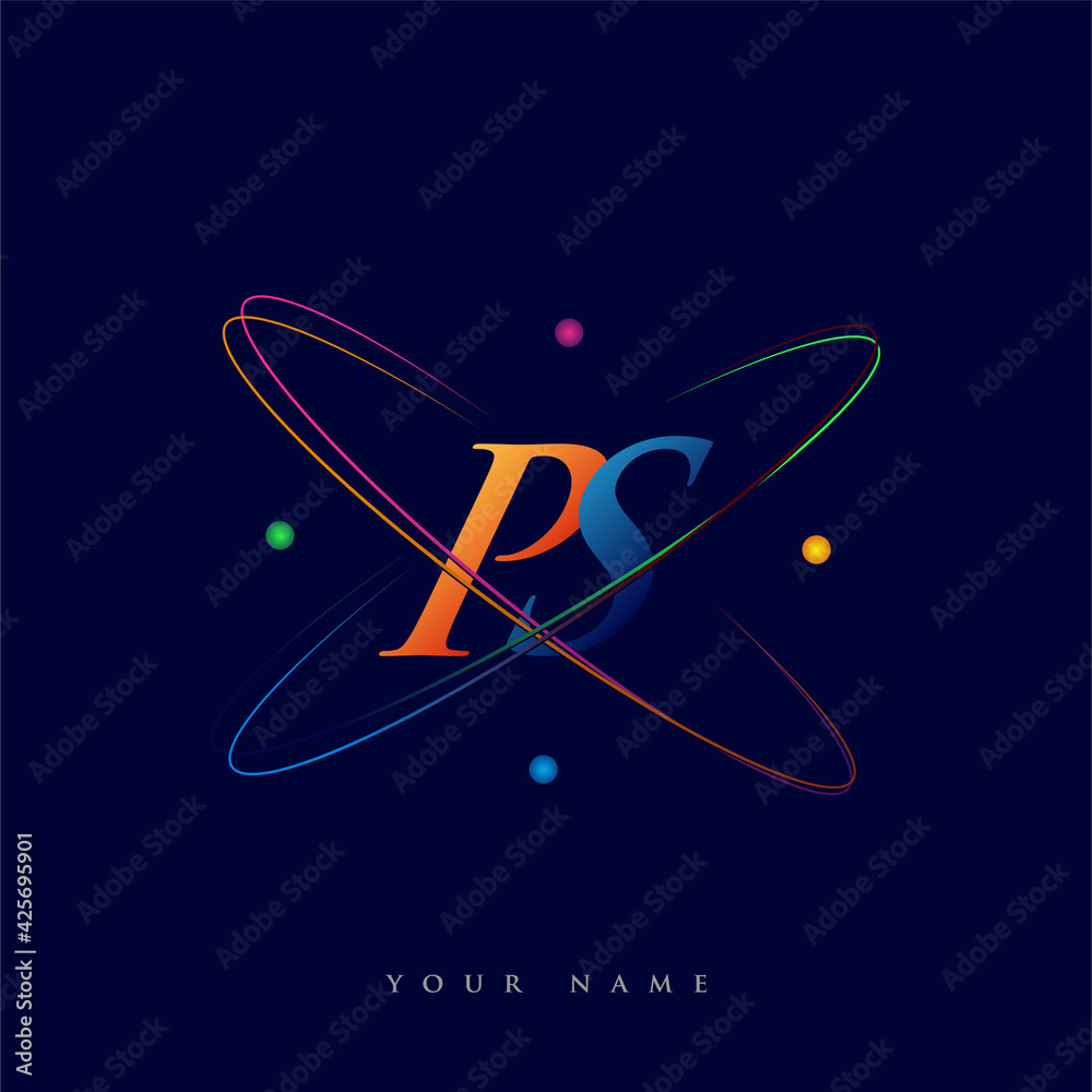 initial letter PS logotype science icon colored blue, red, green and ...