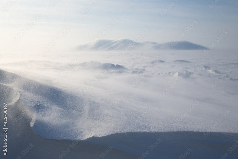 Winter Arctic landscape. View of the snow-covered tundra and snow ...