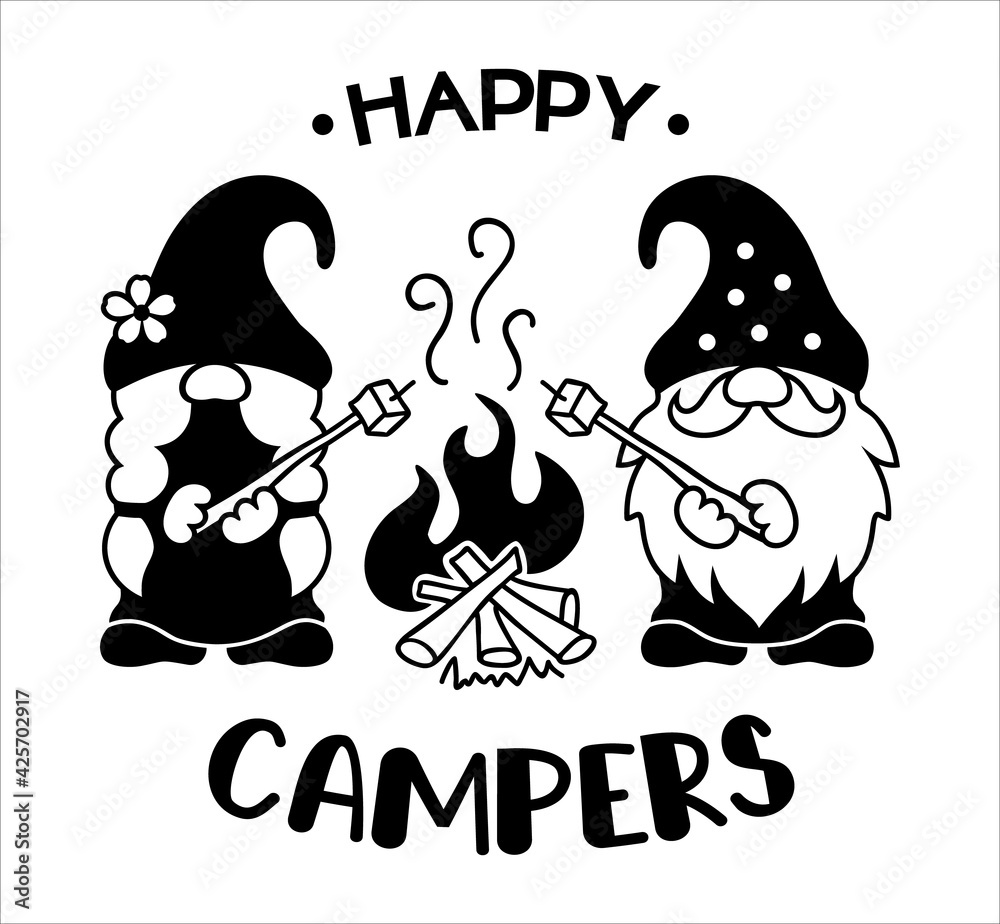Couple of cute gnomes near the campfire with quote: happy campers ...