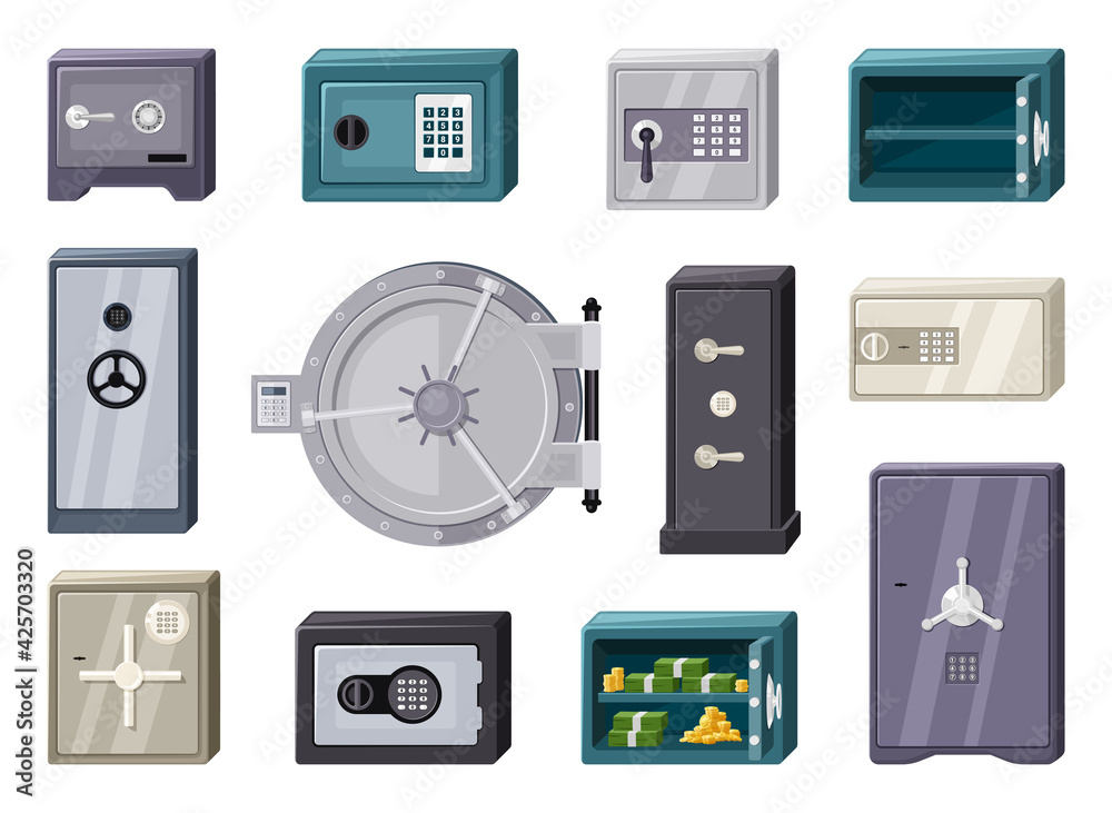 Modern safes set. Compact and stationary storage facilities with ...