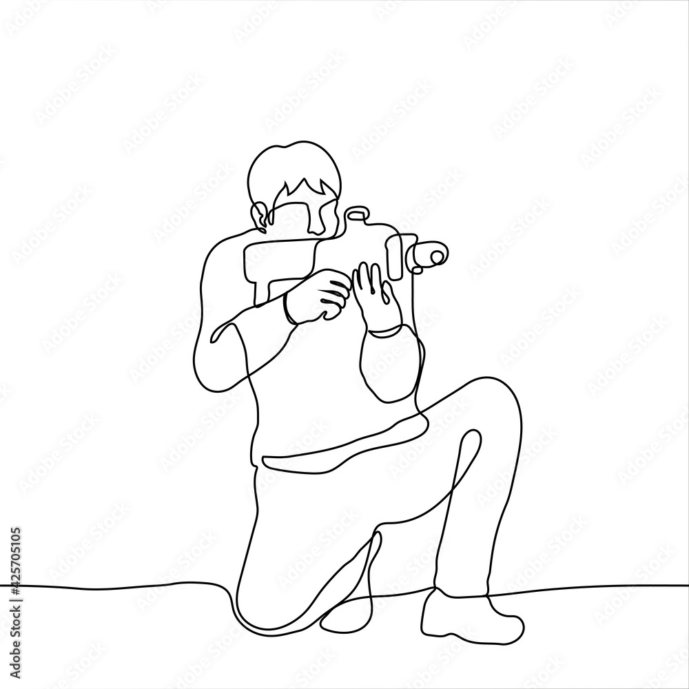 man is on one knee holding a firearm - one line drawing. concept of ...