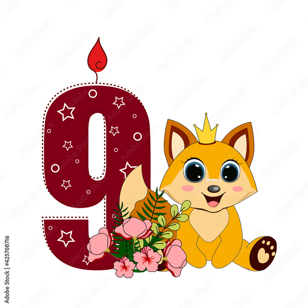 Cute baby princess fox with number nine. Vector illustration for baby ...