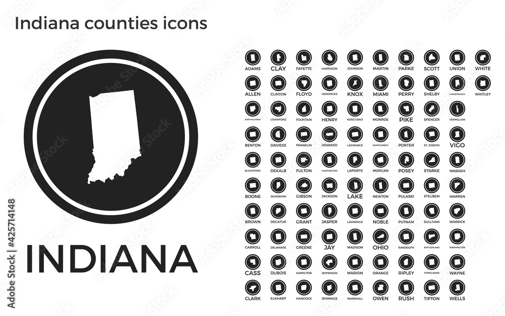 Indiana counties icons. Black round logos with us state counties maps ...