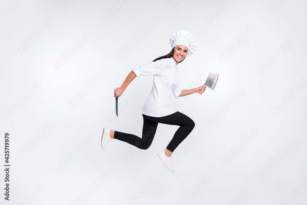 Full body profile portrait of active person rush fast hold knives look ...