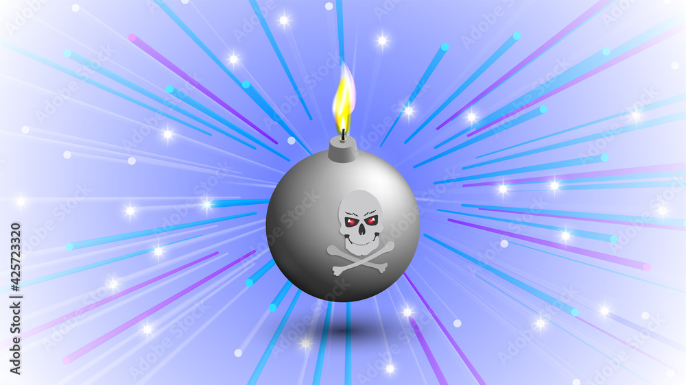 Bright poster. 3D round vintage hand bomb with skull and bones, burning ...