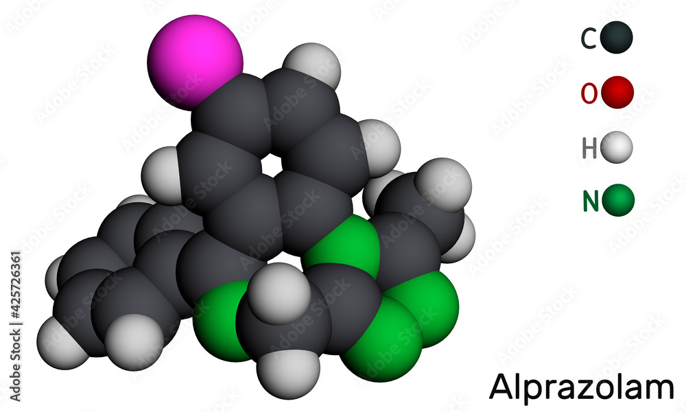 Alprazolam, molecule. It is benzodiazepine, short-acting tranquilizer ...