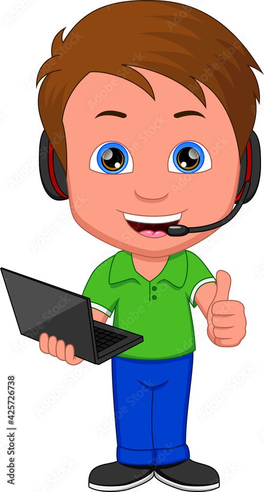 cartoon boy holding laptop and thumbs up Stock Vector | Adobe Stock