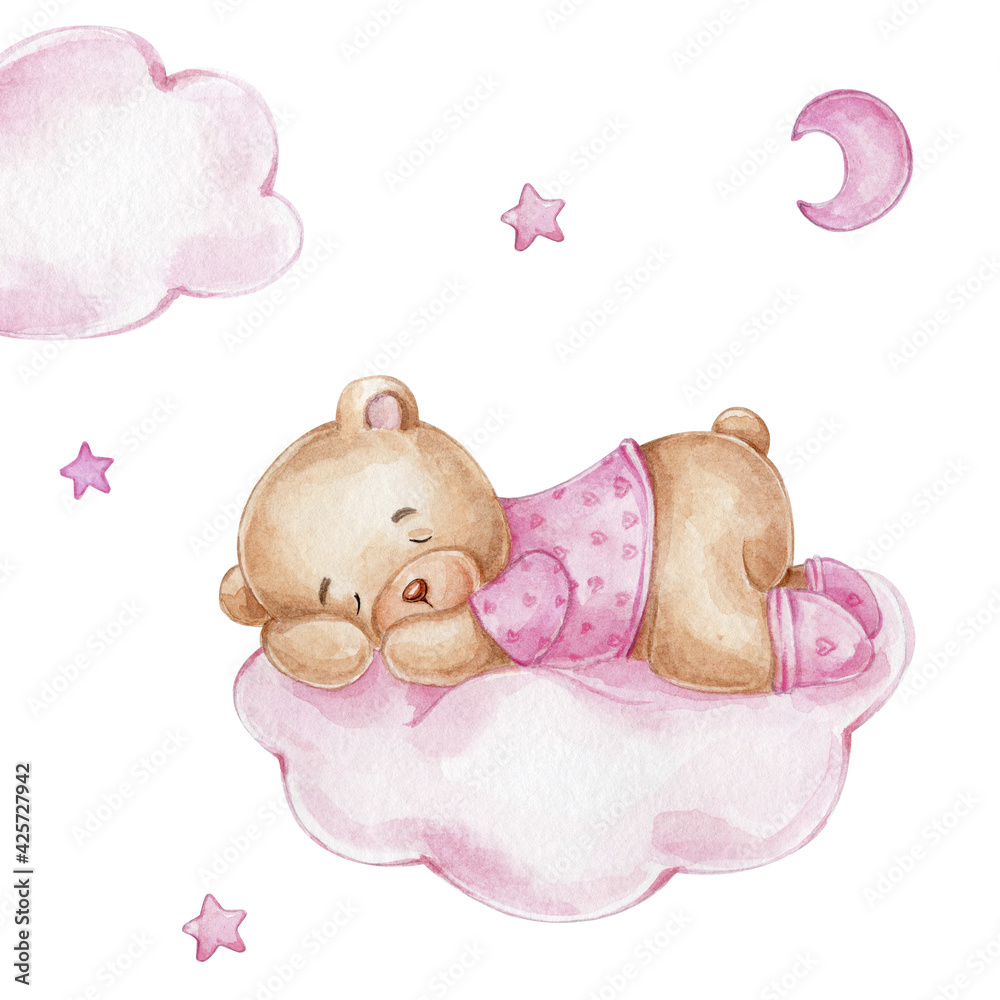 Little bear girl sleeping on pink cloud; watercolor hand drawn ...