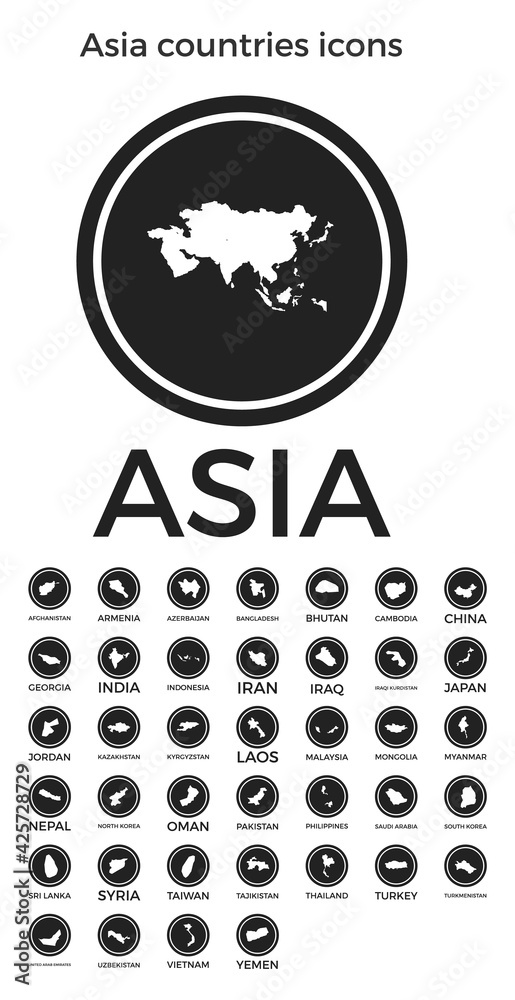 Asia countries icons. Black round logos with continent countries maps ...