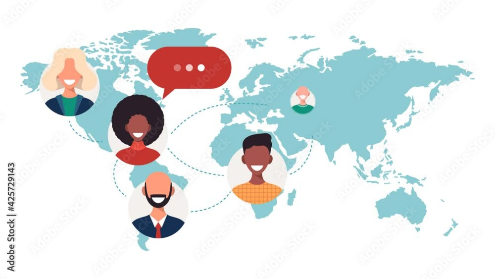 Global communication concept. World map with multiculture charater ...