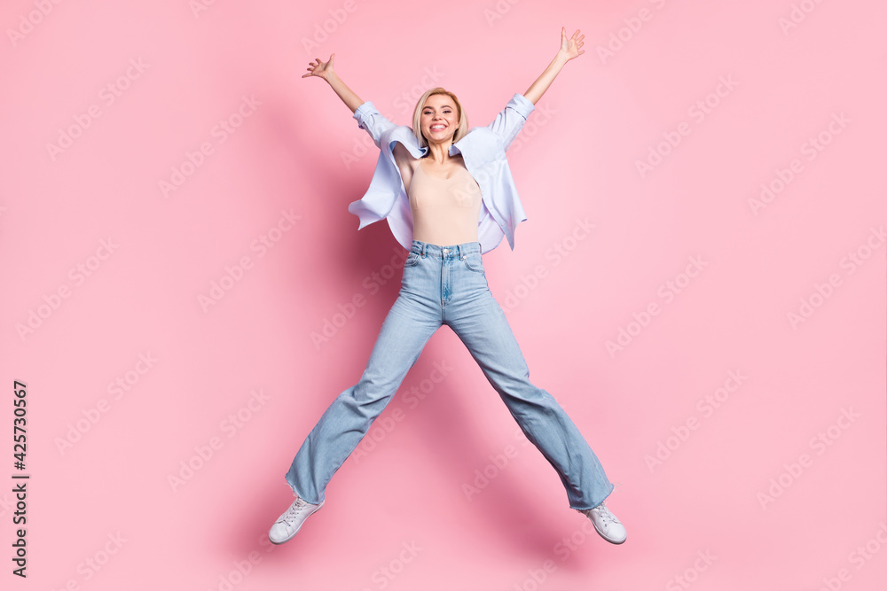 Full body portrait of excited cheerful lady make star figure toothy ...