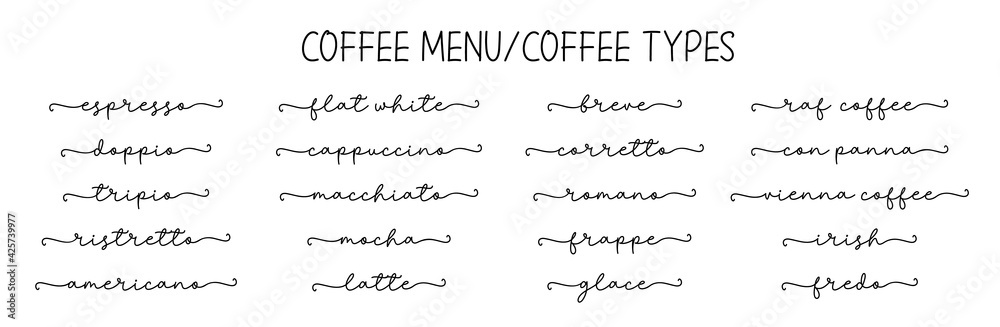 COFFEE MENU. Typography words for coffee shop, restaurant, cafe menu ...