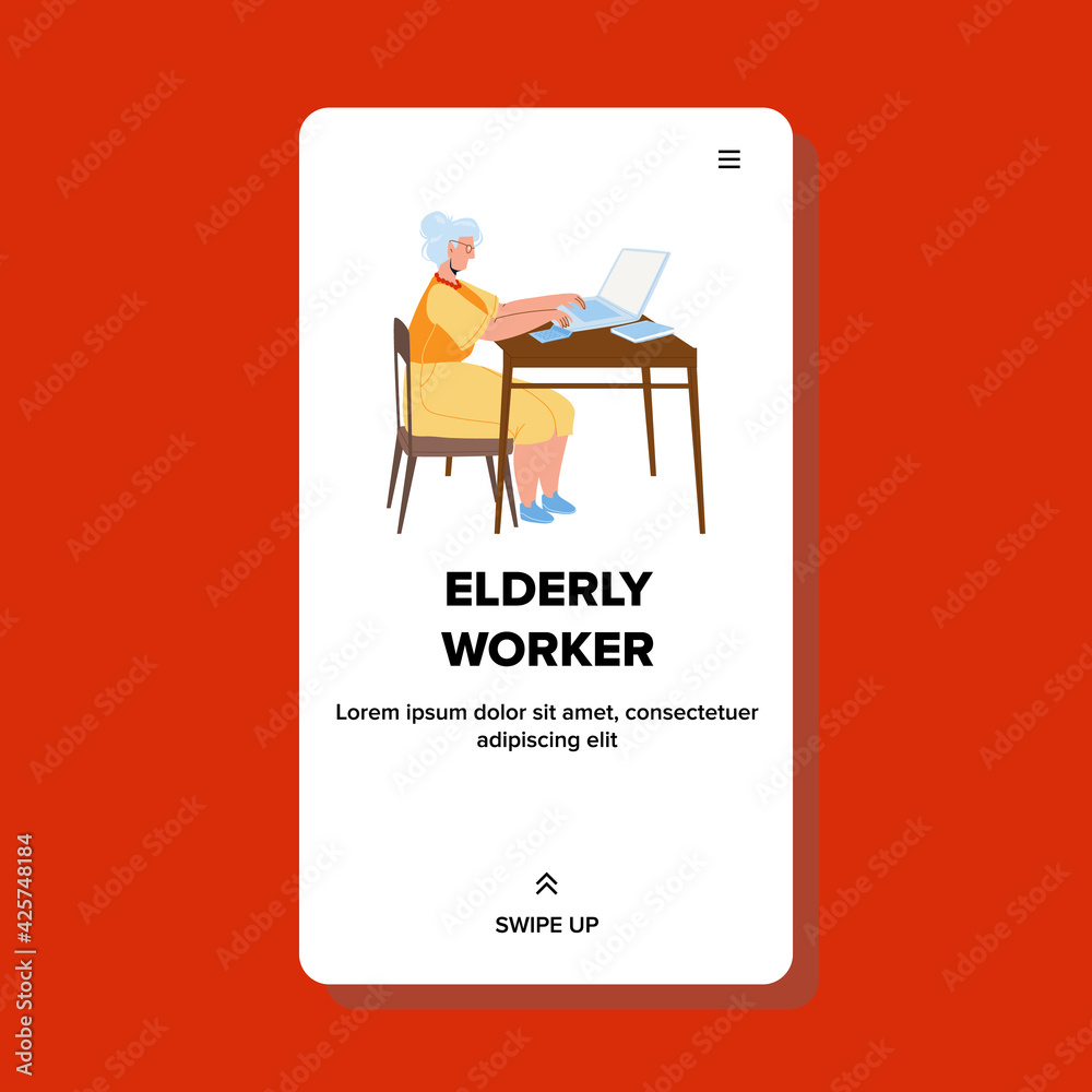 Elderly Worker Grandmother Work At Laptop Vector. Elderly Worker Woman ...