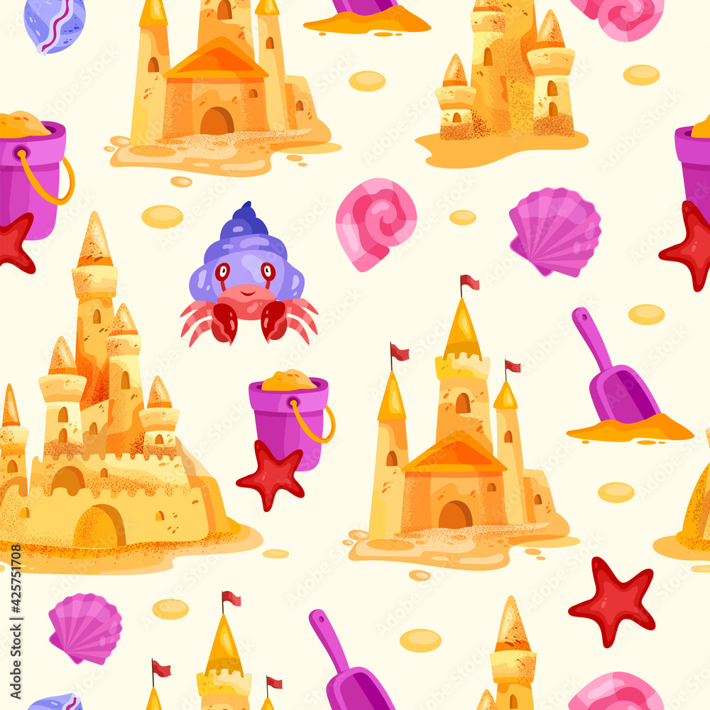 Sand castle vector summer vacation beach seamless pattern, shell ...
