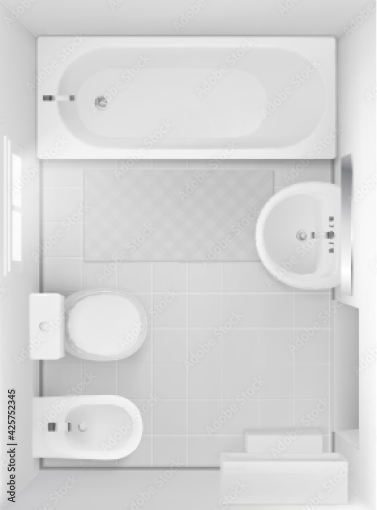 Bathroom interior top view, white room with bathtub, toilet bowl, bidet ...