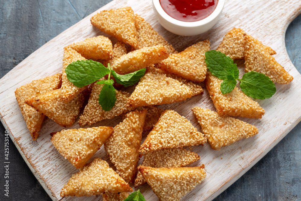 Asian Traditional Prawn Toast with Sesame seeds and sweet chilli sauce ...