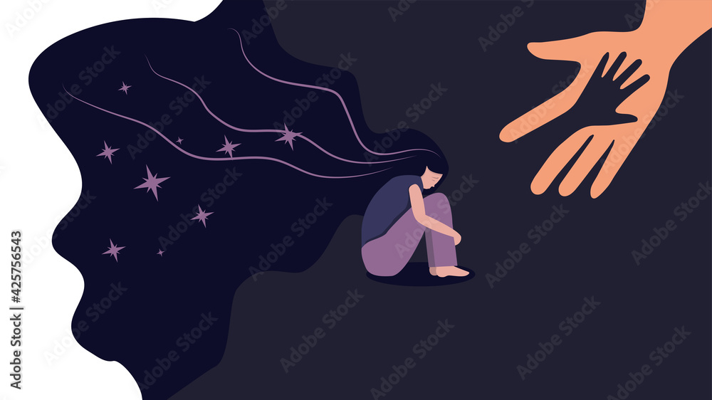 Vector graphics. Human hand helps a young girl in depression. Lonely ...