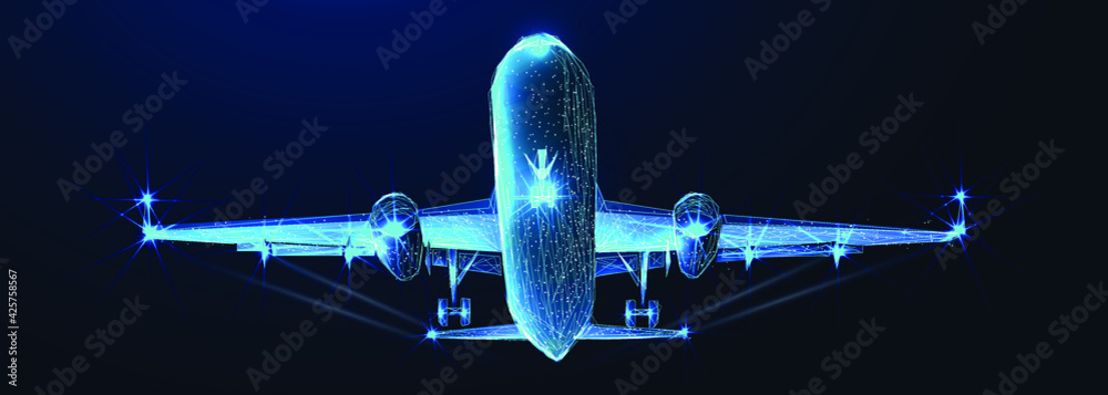 Digital 3d airplane. Abstract vector wireframe of airliner in the blue ...