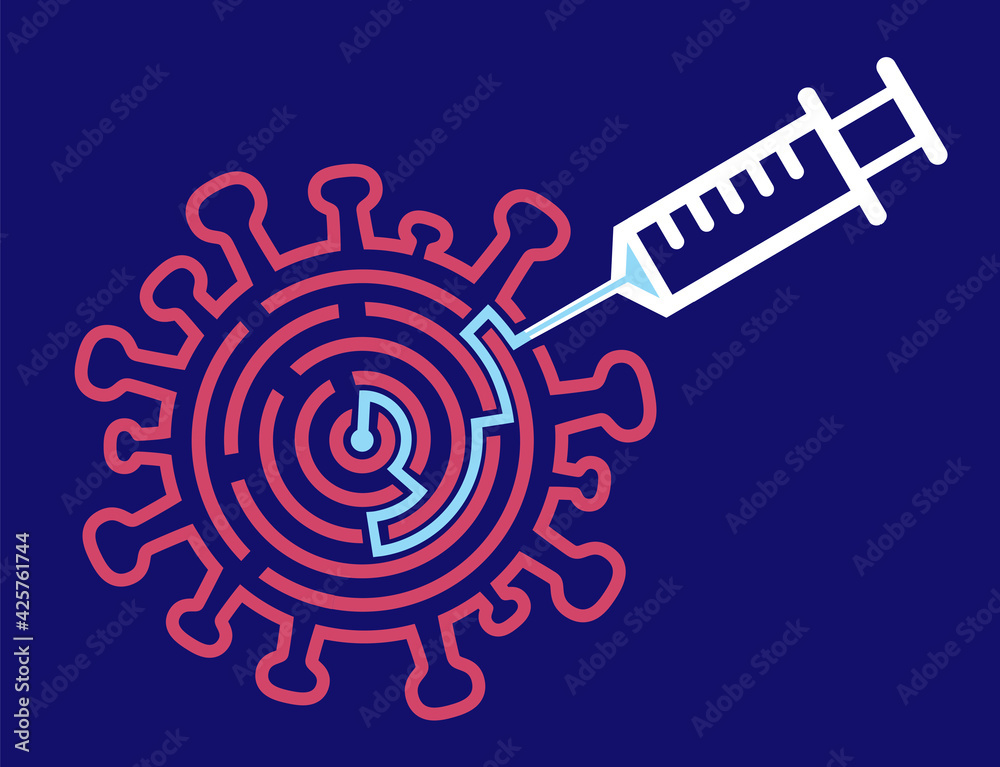 Coronavirus vaccine injection, victory over COVID-19, maze concept. Symbol of coronavirus with ...