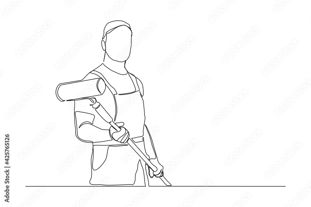 Continuous line drawing of young handyman wearing building construction ...