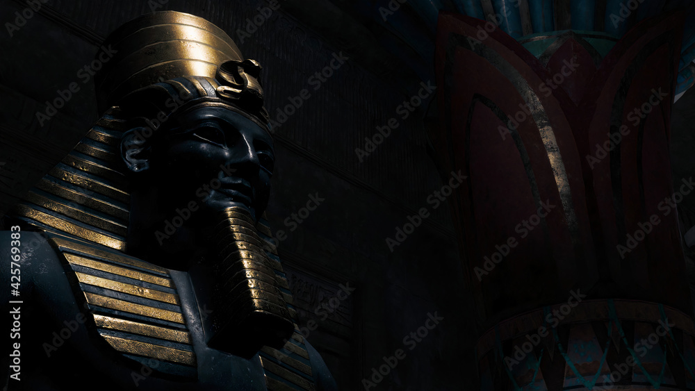 Realistic 3d illustration of a statue of a pharaoh in a lost and ...