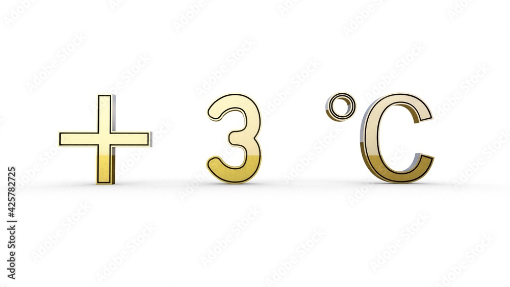 Temperature "+3 ° C". 3d golden font. Number on a white background with ...