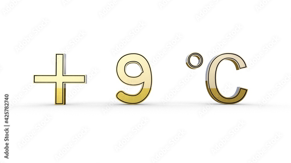 Temperature "+9 ° C". 3d golden font. Number on a white background with ...