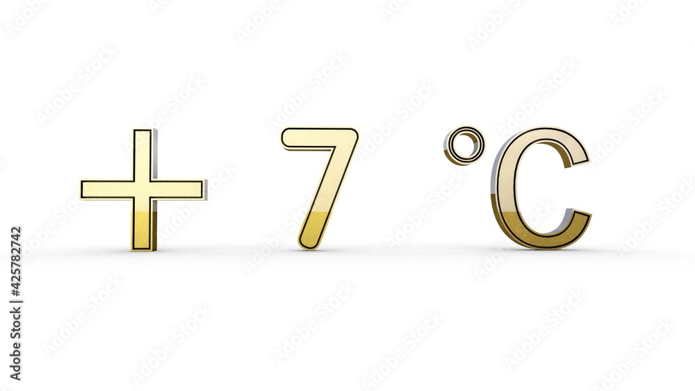 Temperature "+7 ° C". 3d golden font. Number on a white background with ...