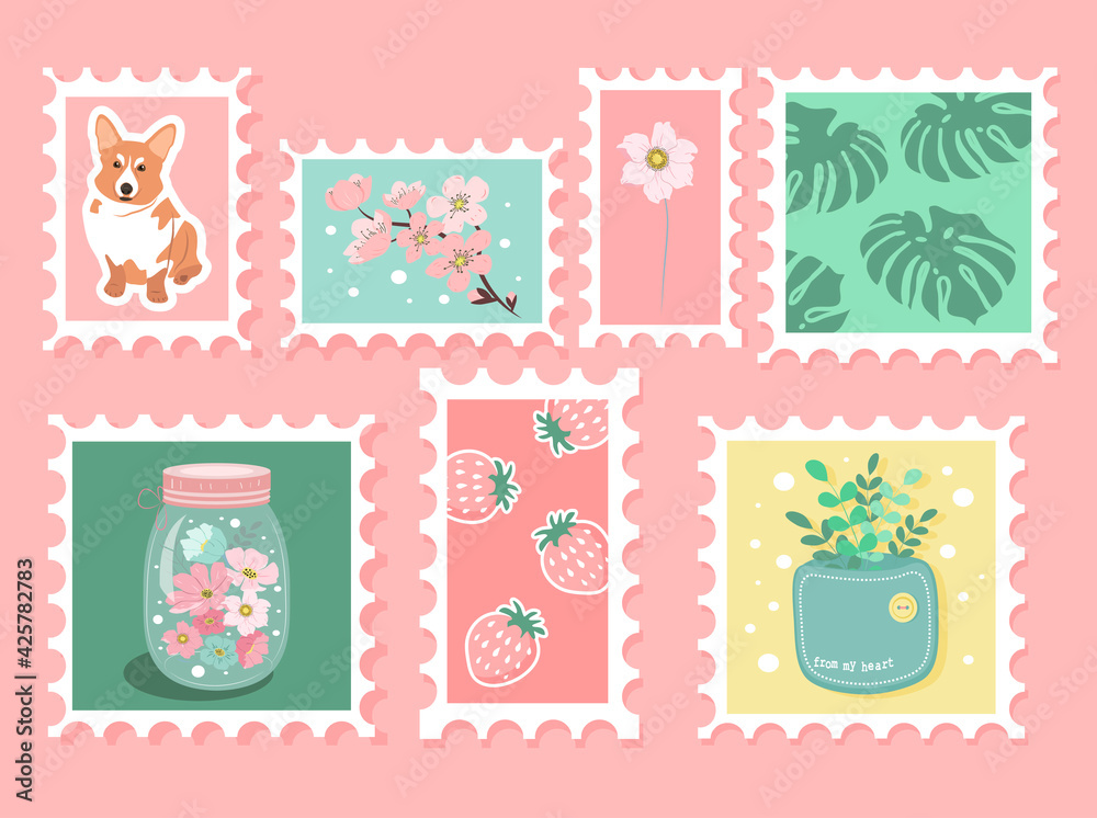 Set of beautiful hand-drawn post stamps. Variety of modern vector ...