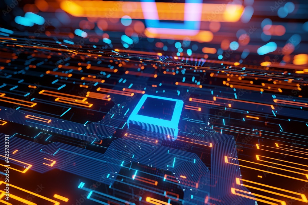 Abstract futuristic Microchip Data flow in a motherboard glowing light ...