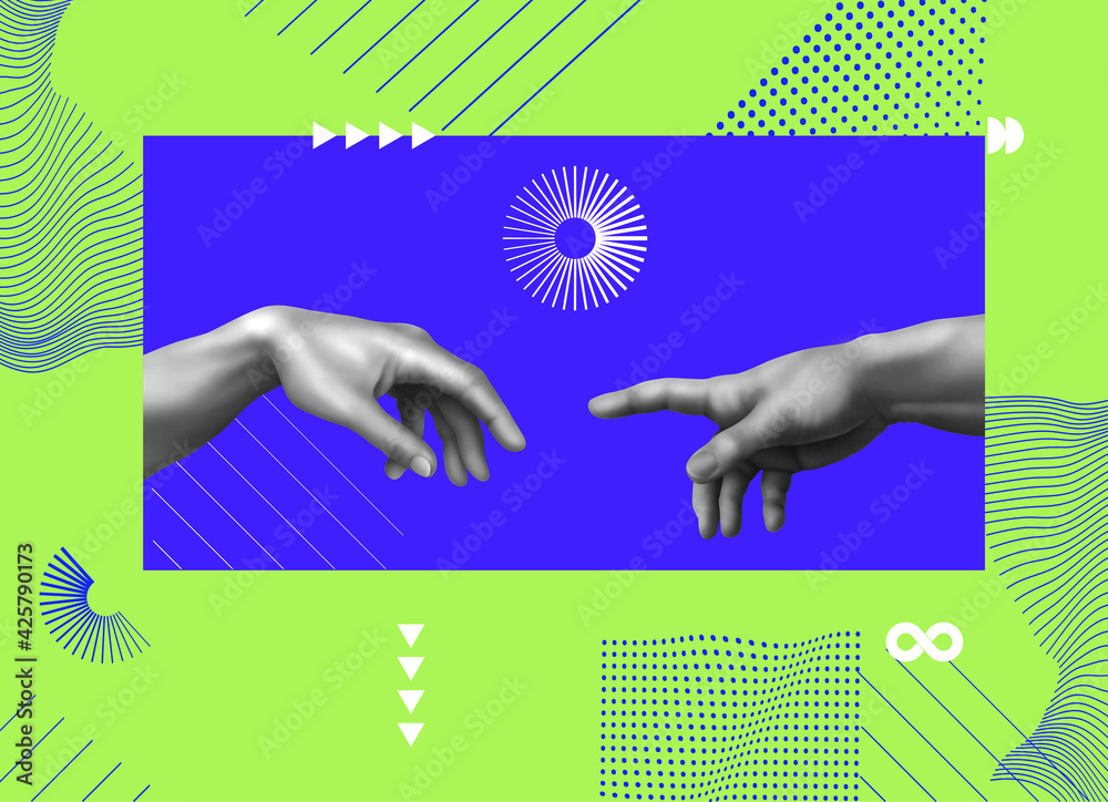 Creation of Adam. Colorful contemporary art collage. Memphis style ...