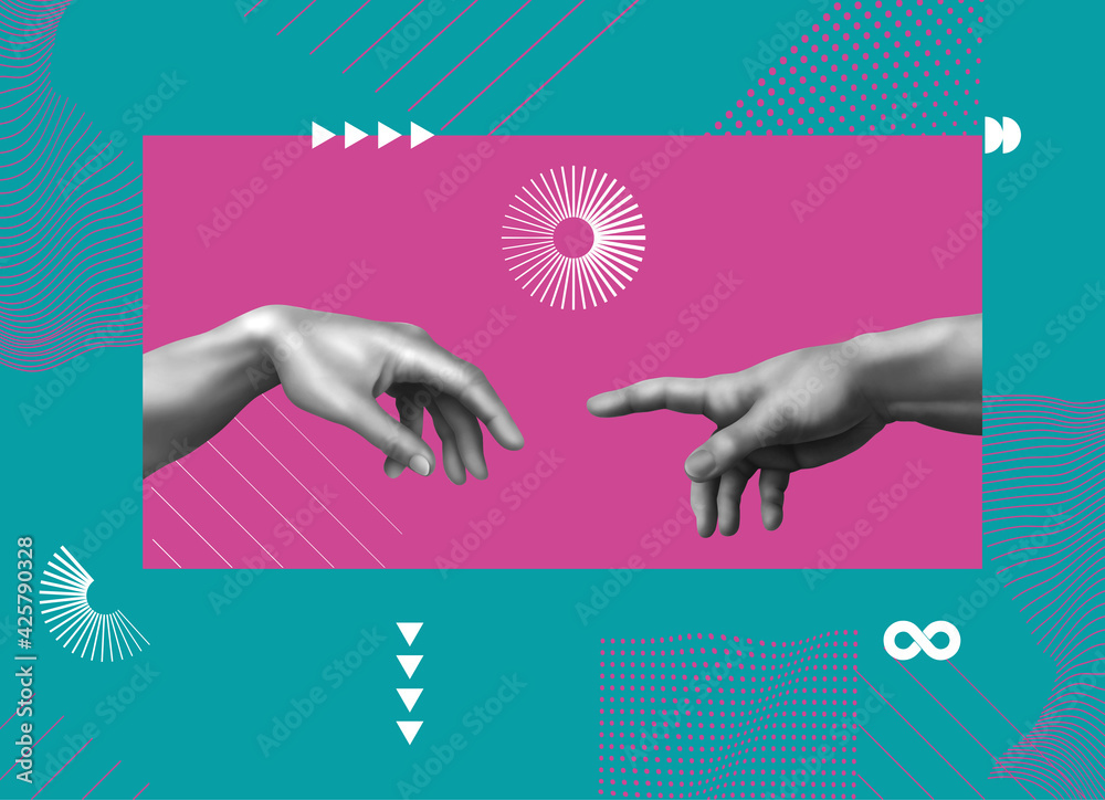 Creation of Adam. Colorful contemporary art collage. Memphis style ...