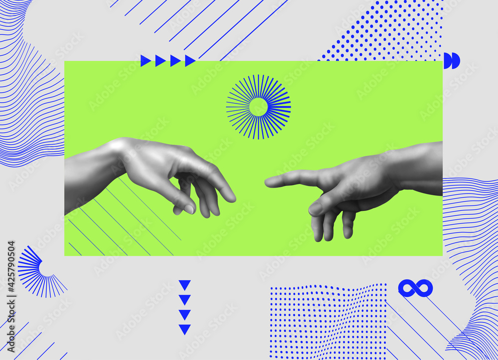 Creation of Adam. Colorful contemporary art collage. Memphis style ...